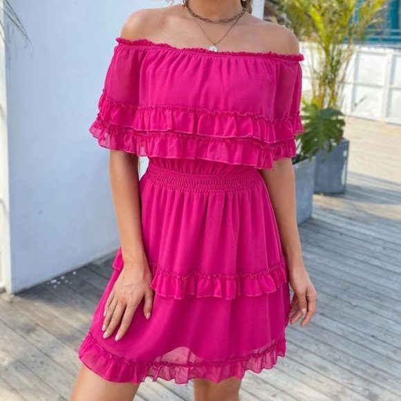 MODA ME COUTURE | Dresses | Contemporary Pink Off Shoulder Ruffle Hem ...